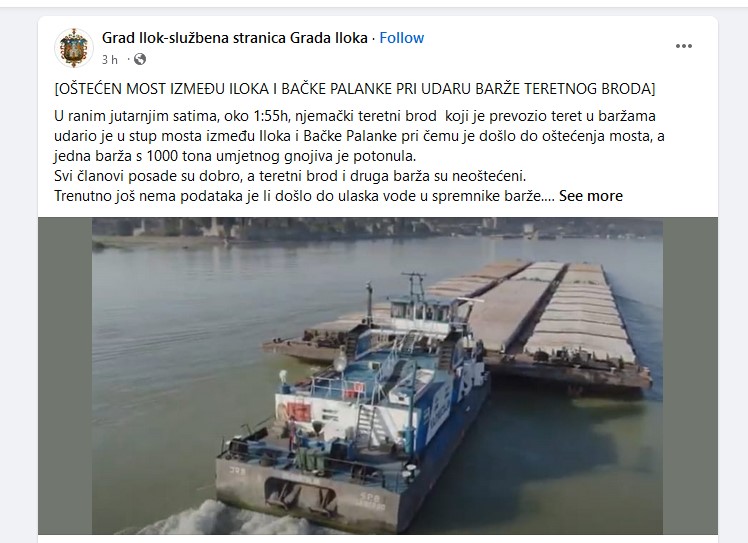 /FOTO/ Teretni brod udario u most na granici sa Srbijom, zatvoren ...